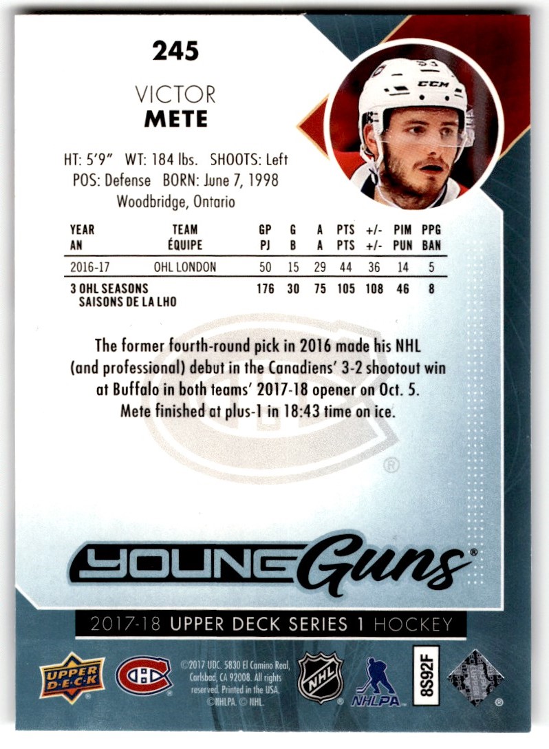 2017-18 Upper Deck Young Guns Victor Mete #245 on Kronozio