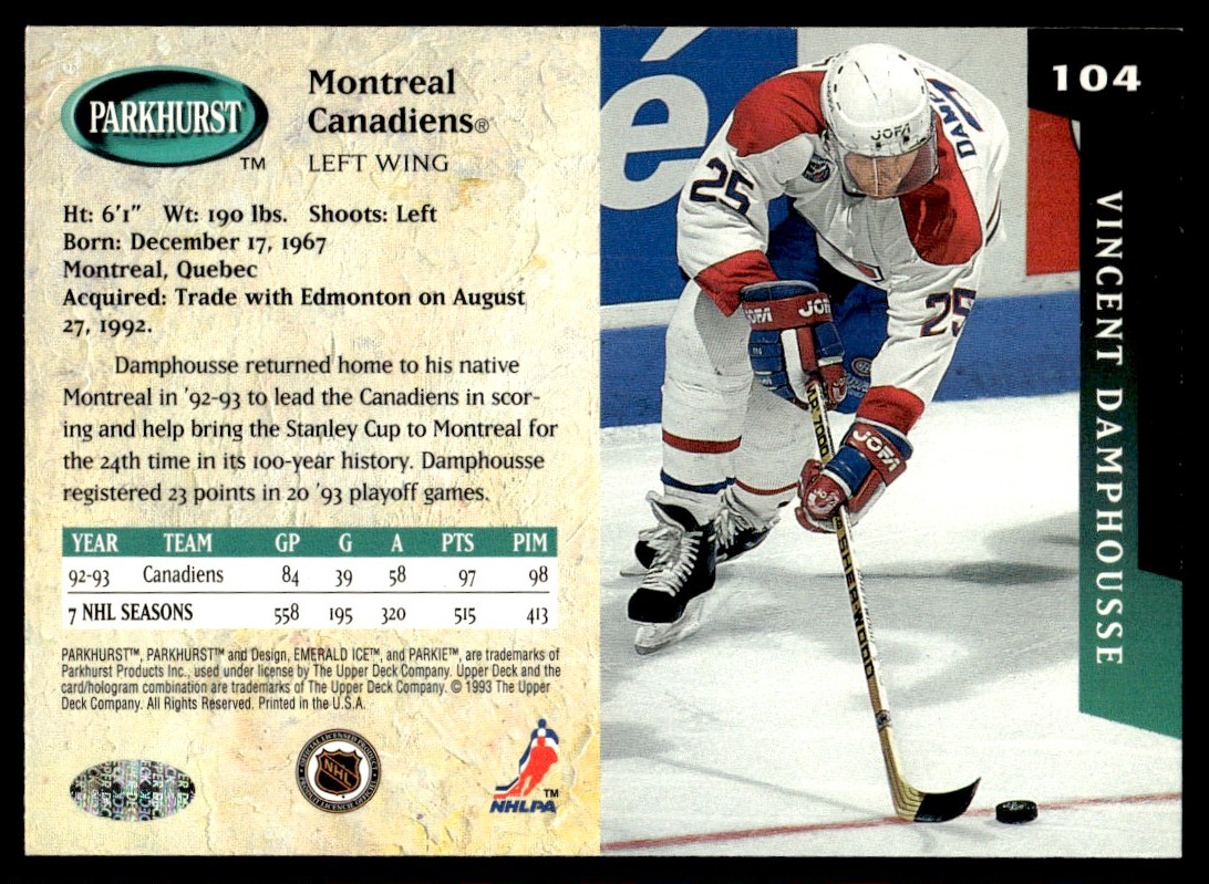 1993-94 Parkhurst Vincent Damphousse #104 on Kronozio