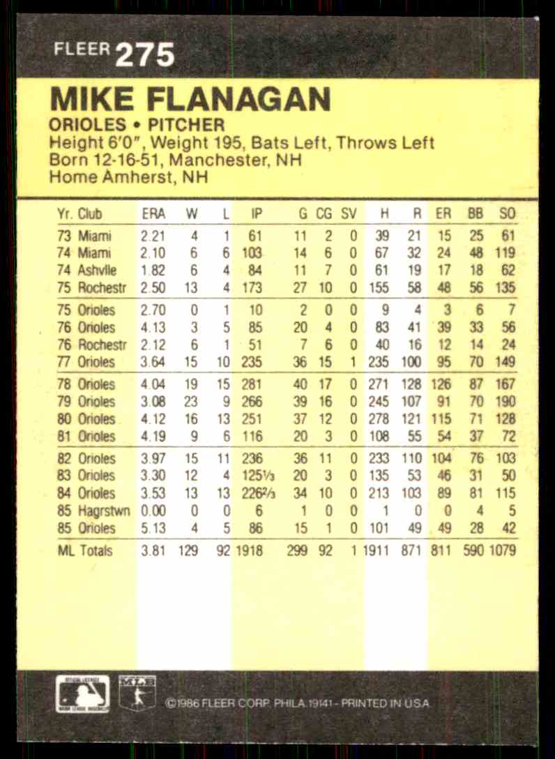 1986 Fleer Mike Flanagan #275 on Kronozio