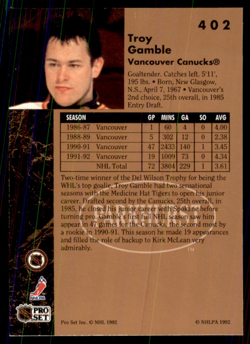 1991-92 Parkhurst Troy Gamble #402 on Kronozio