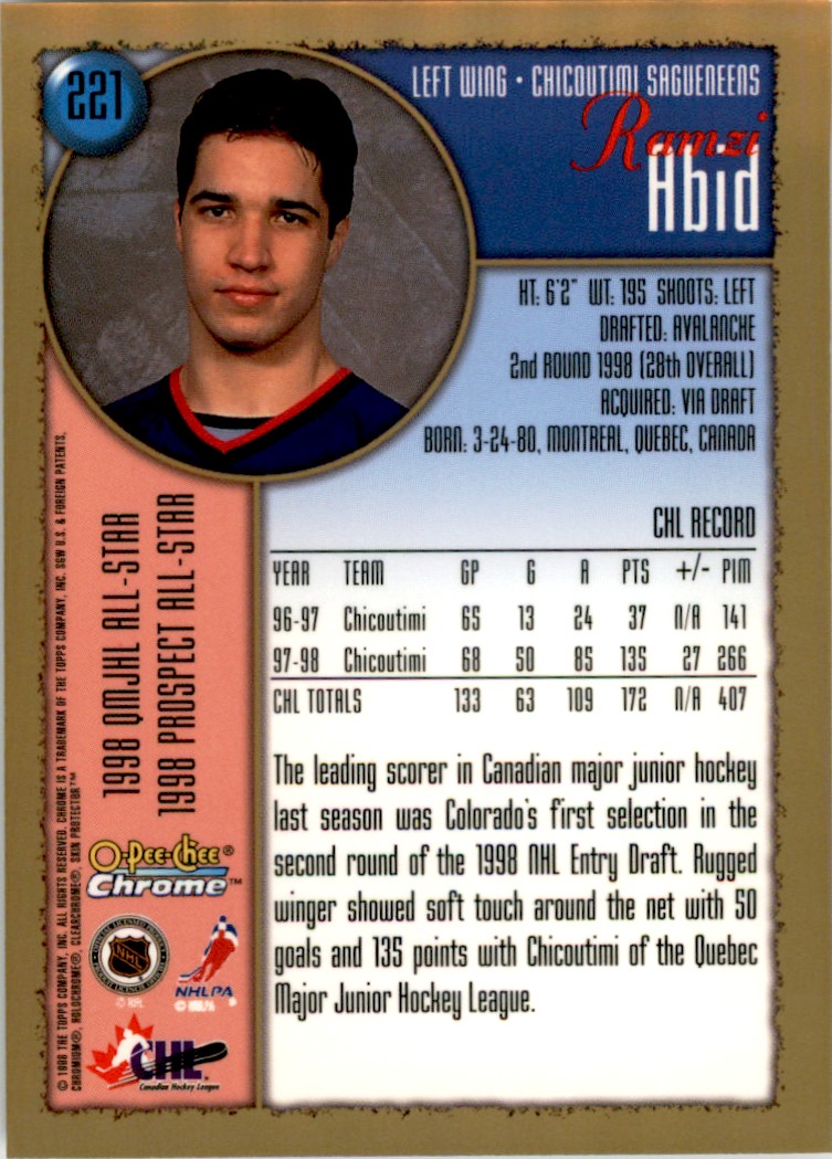 1998-99 O-PEE-CHEE CHROME RAMZI ABID* CHICOUTIMI SAGUENEENS #221 | eBay