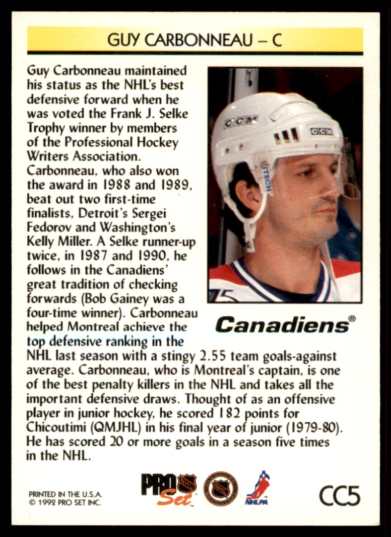 1992-93 Pro Set Award Winner Selke Trophy Guy Carbonneau #CC5 on Kronozio