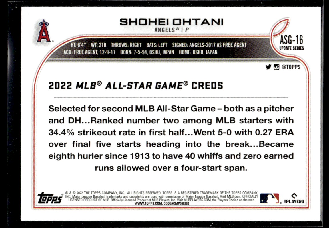 2022 Topps Update 2022 MLB All-Star Game Shohei Ohtani #ASG-16 on Kronozio