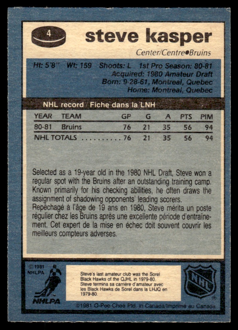 1981-82 O-Pee-Chee Steve Kasper #4 on Kronozio