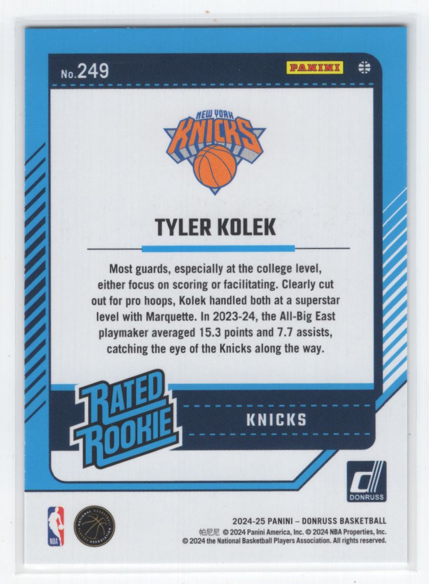 2024-25 Donruss Holo Green Laser Rated Rookie Tyler Kolek #249 on Kronozio