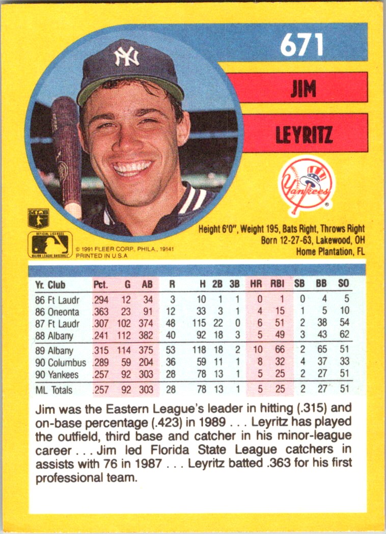 1991 Fleer Jim Leyritz #671 on Kronozio