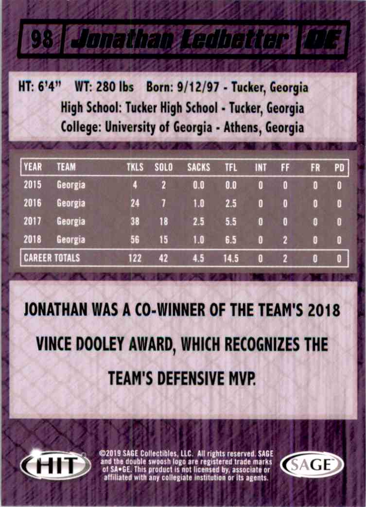 2019 Sage Hit Jonathan Ledbetter #98 on Kronozio