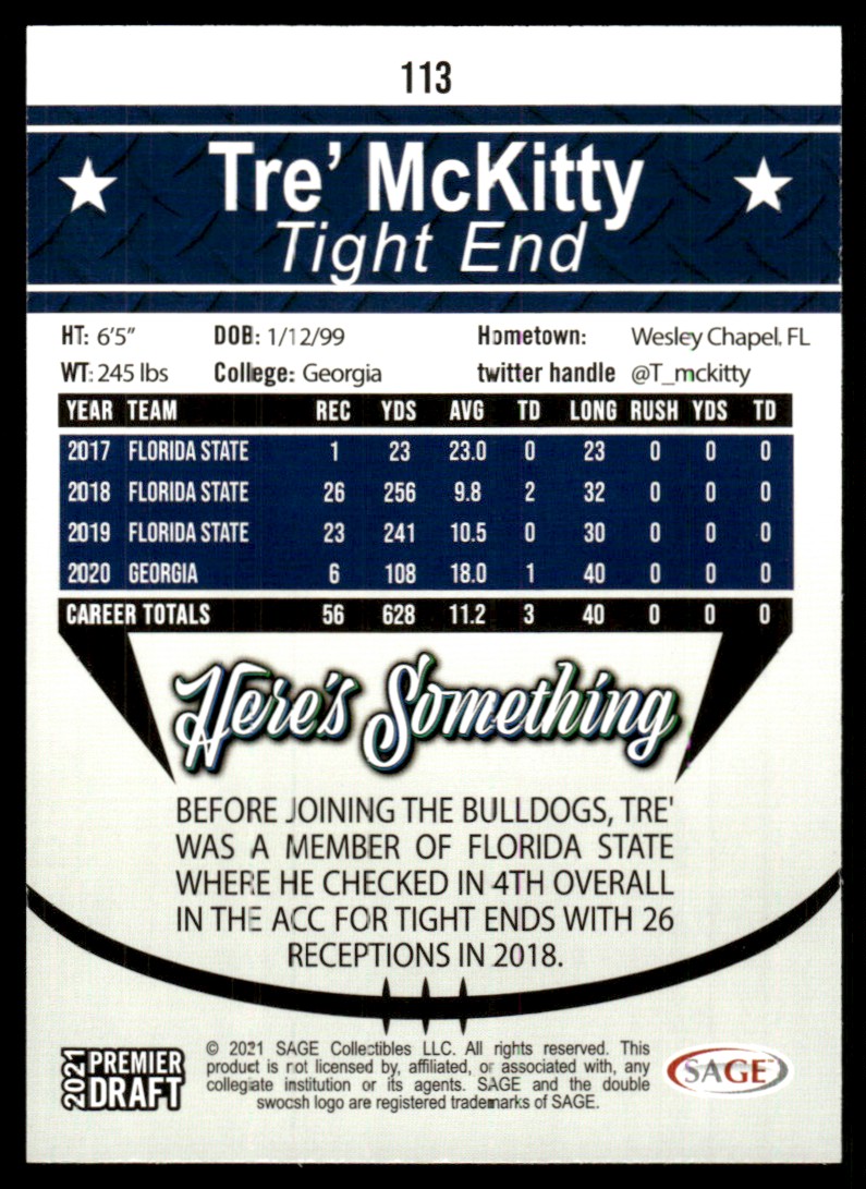 2021 SAGE Premier Draft Tre' McKitty #113 on Kronozio