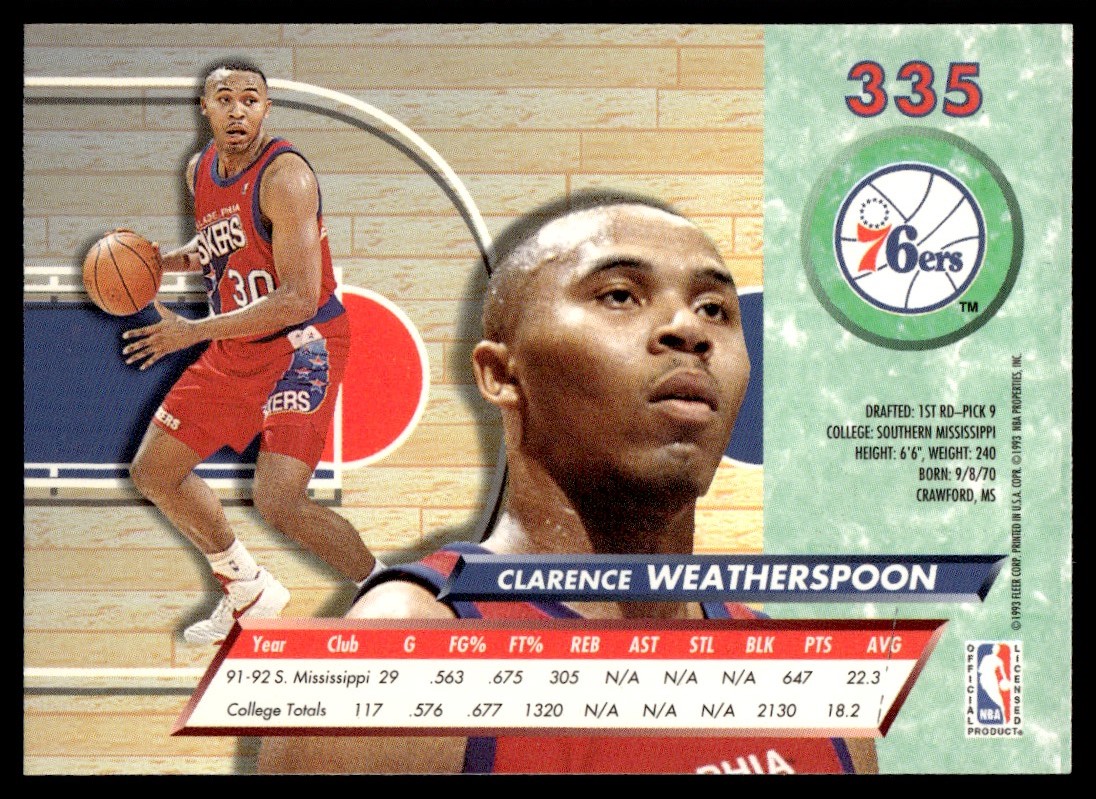1992-93 Ultra Fleer Basketball Card Clarence Weatherspoon #335 on Kronozio