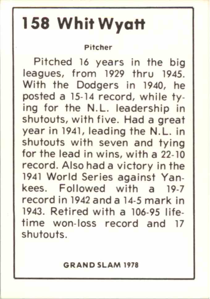 1978 Grand Slam - Whit Wyatt - #158 on Kronozio