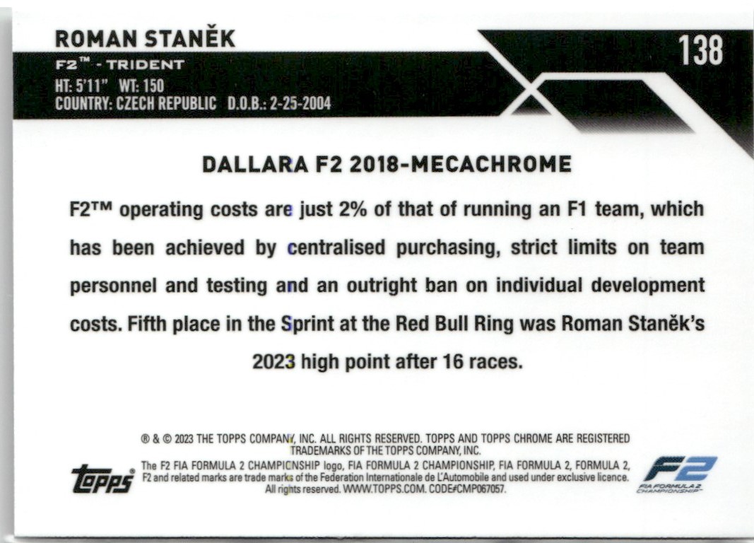 2023 Topps Chrome Formula 1 Roman Staněk #138 on Kronozio