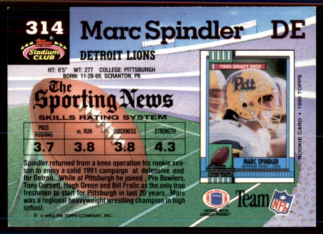 1992 Stadium Club Marc Spindler #314 on Kronozio