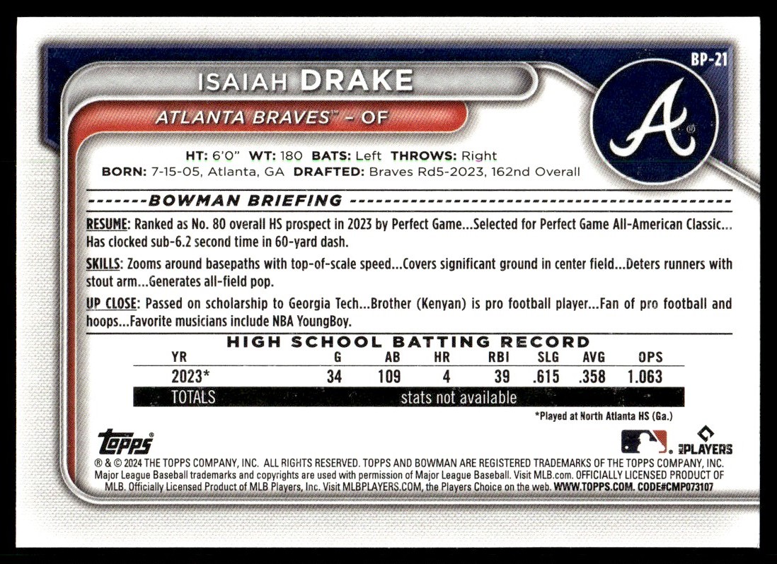 2024 Bowman Prospects Isaiah Drake #BP-21 on Kronozio