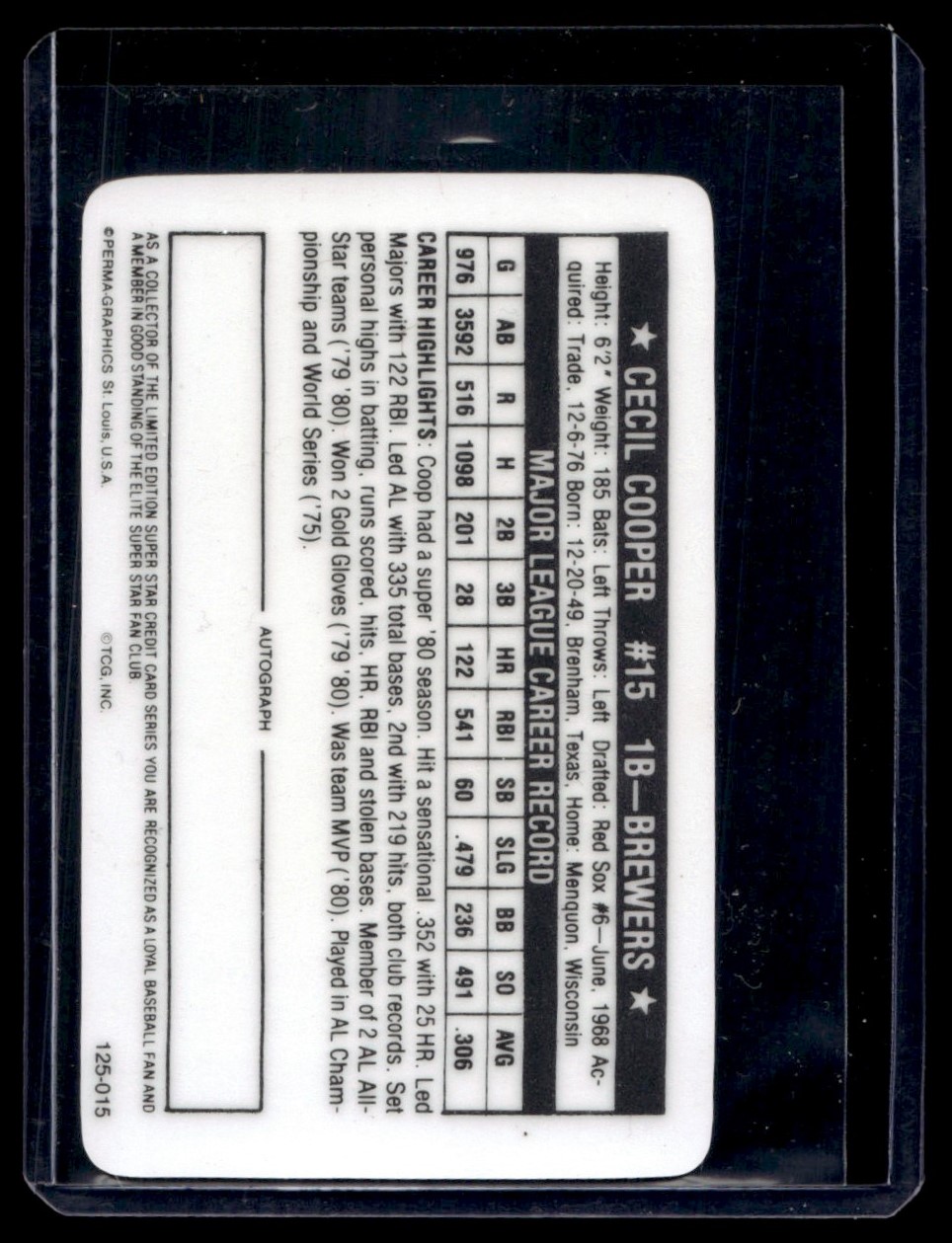 1981 Perma Graphics Super Star Credit Card Cecil Cooper on Kronozio