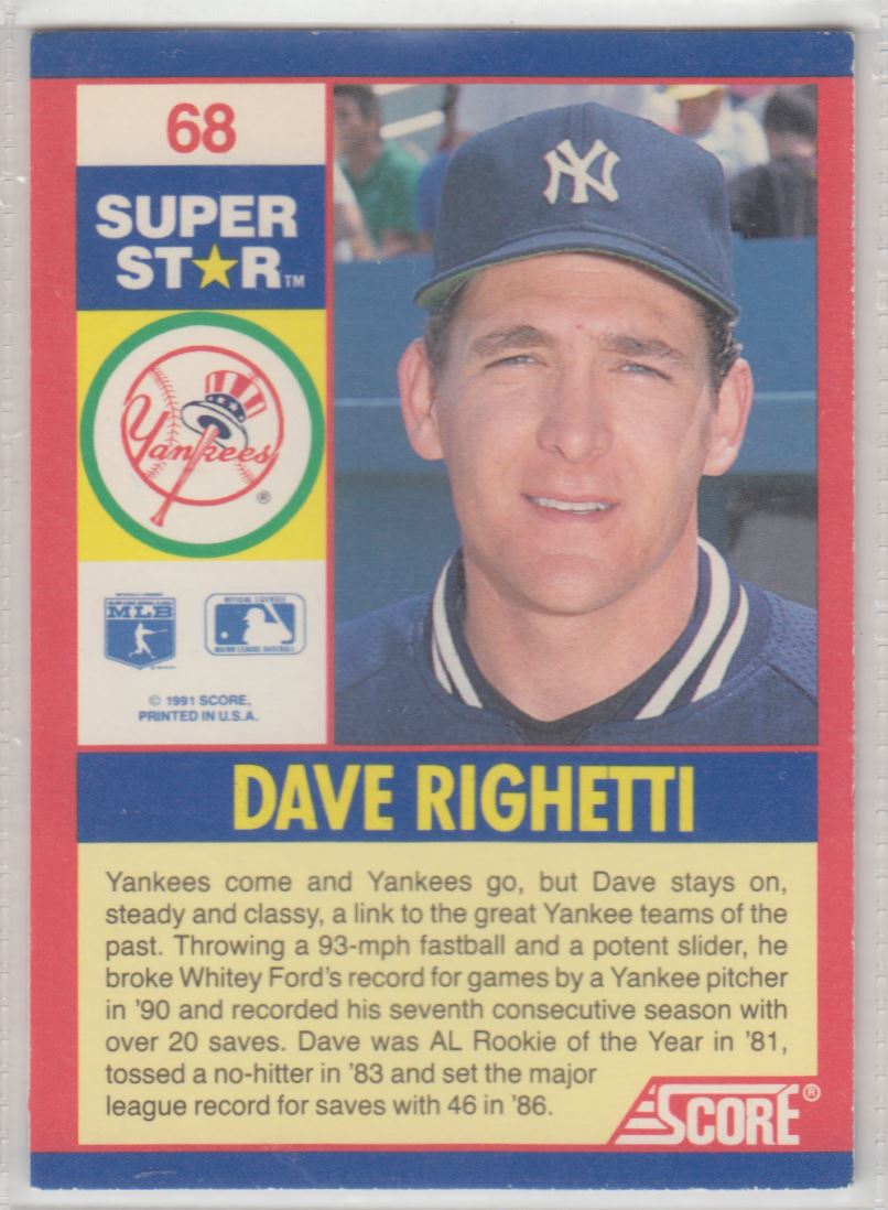 1991 Score 100 Superstars Dave Righetti #68 on Kronozio