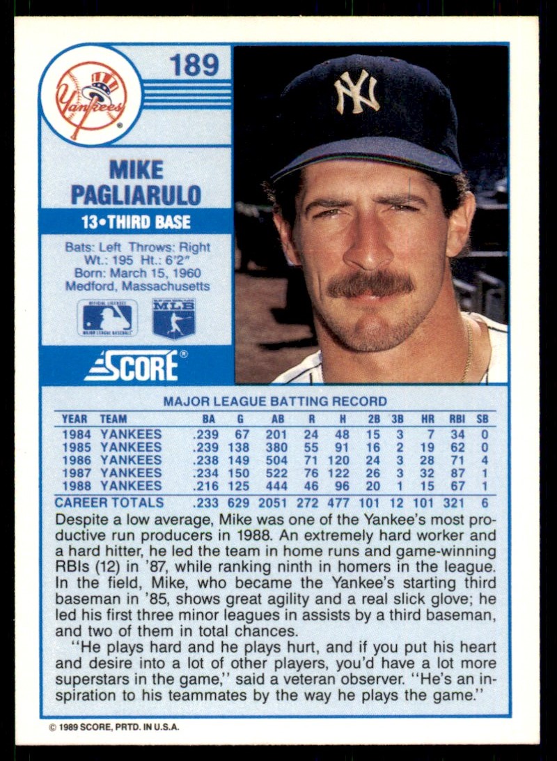 1989 Score Mike Pagliarulo #189 on Kronozio