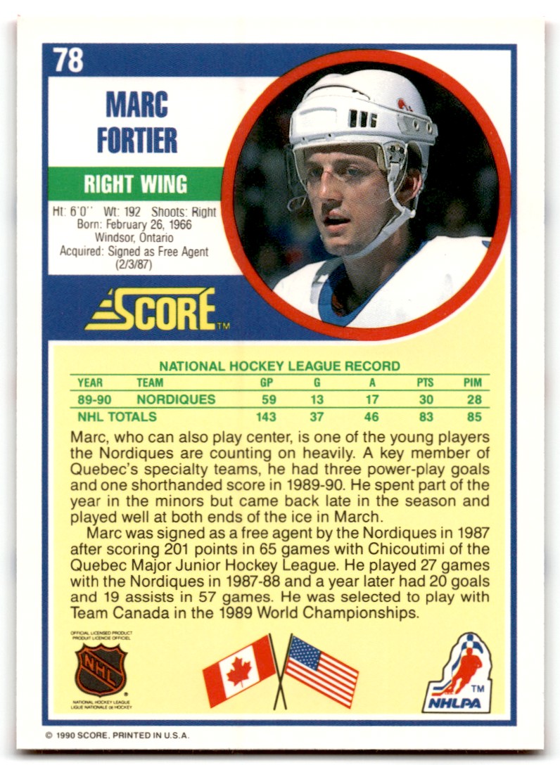 1990-91 Score Marc Fortier #78 on Kronozio