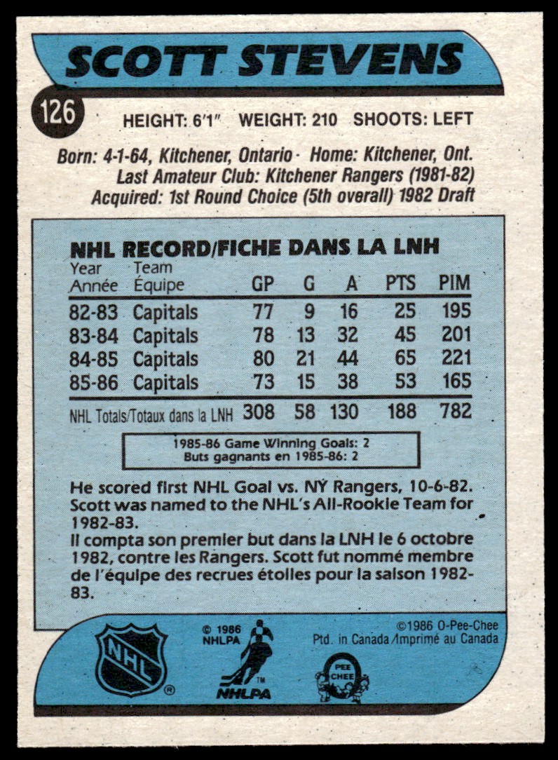 1986-87 O-Pee-Chee Scott Stevens #126 on Kronozio
