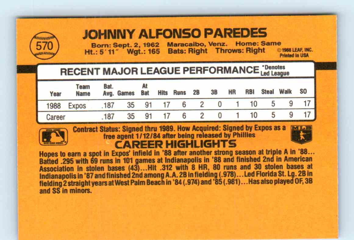1989 Donruss Johnny Paredes #570 on Kronozio