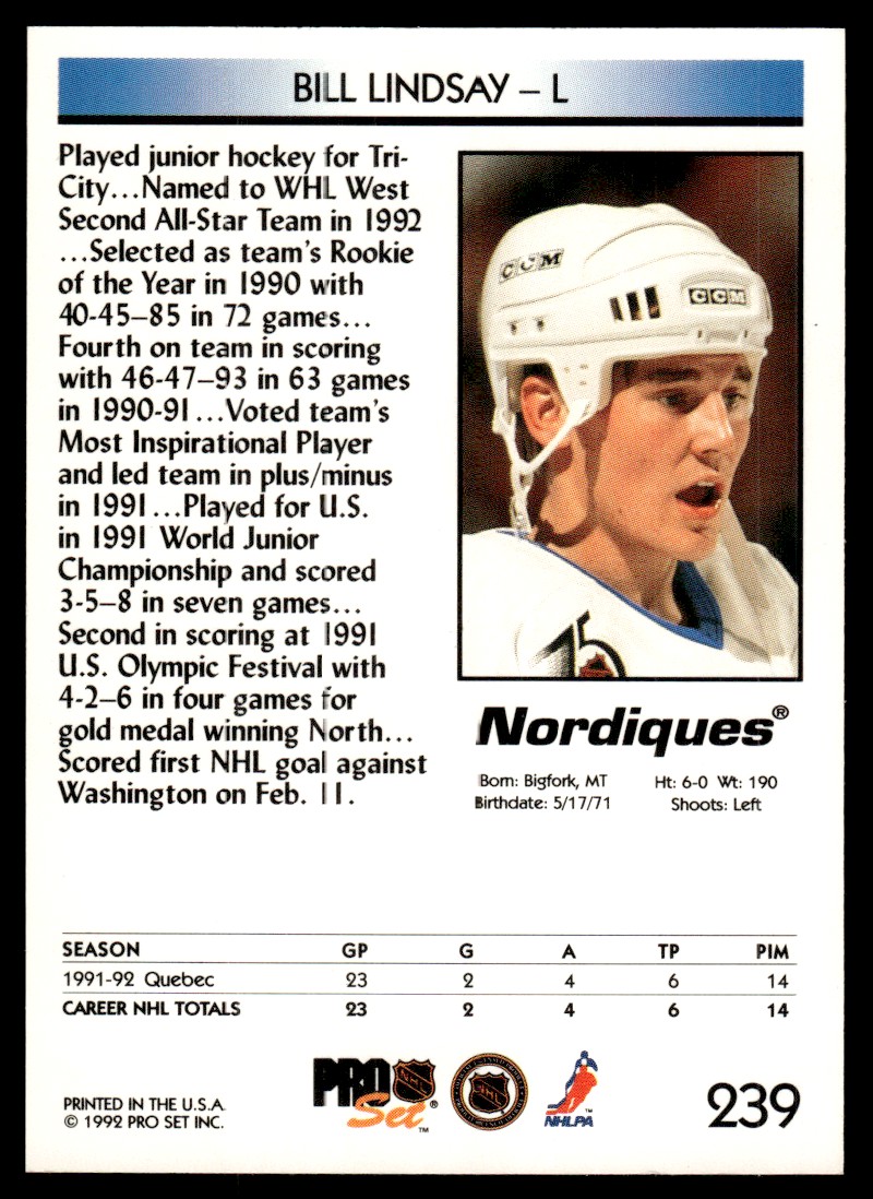 1992-93 Pro Set Bill Lindsay #239 on Kronozio