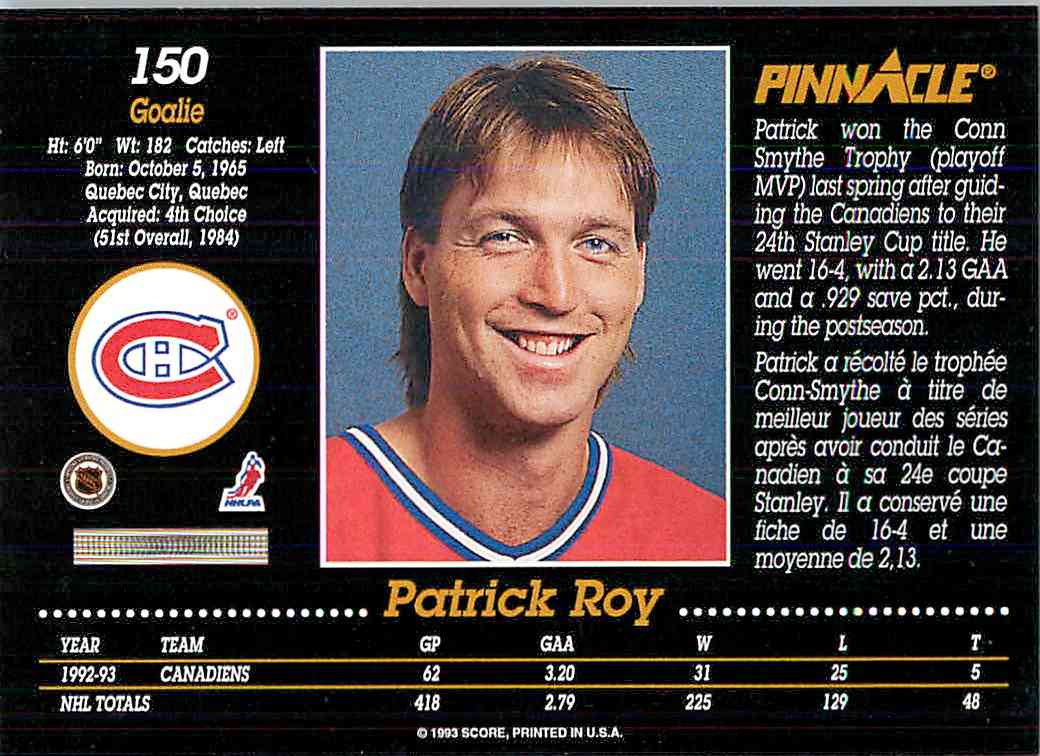 1993-94 Score Pinnacle Patrick Roy #150 on Kronozio