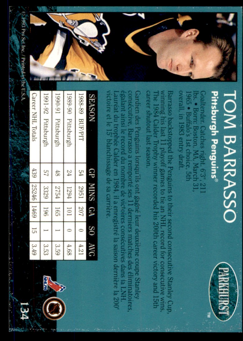 1992-93 Parkhurst Tom Barrasso #134 on Kronozio