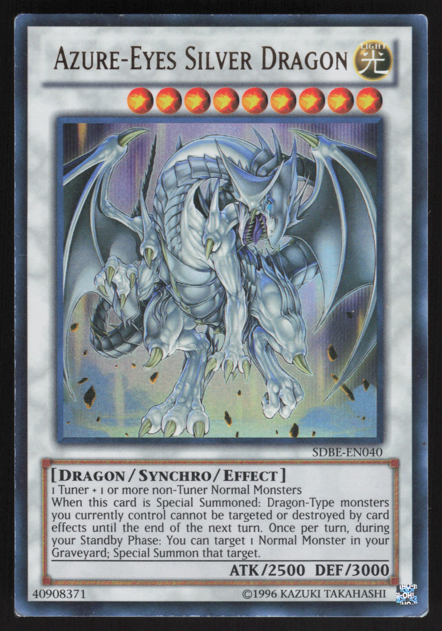 1996 Yugioh Card AZURE EYES SILVER DRAGON #SDBE-EN040 on Kronozio