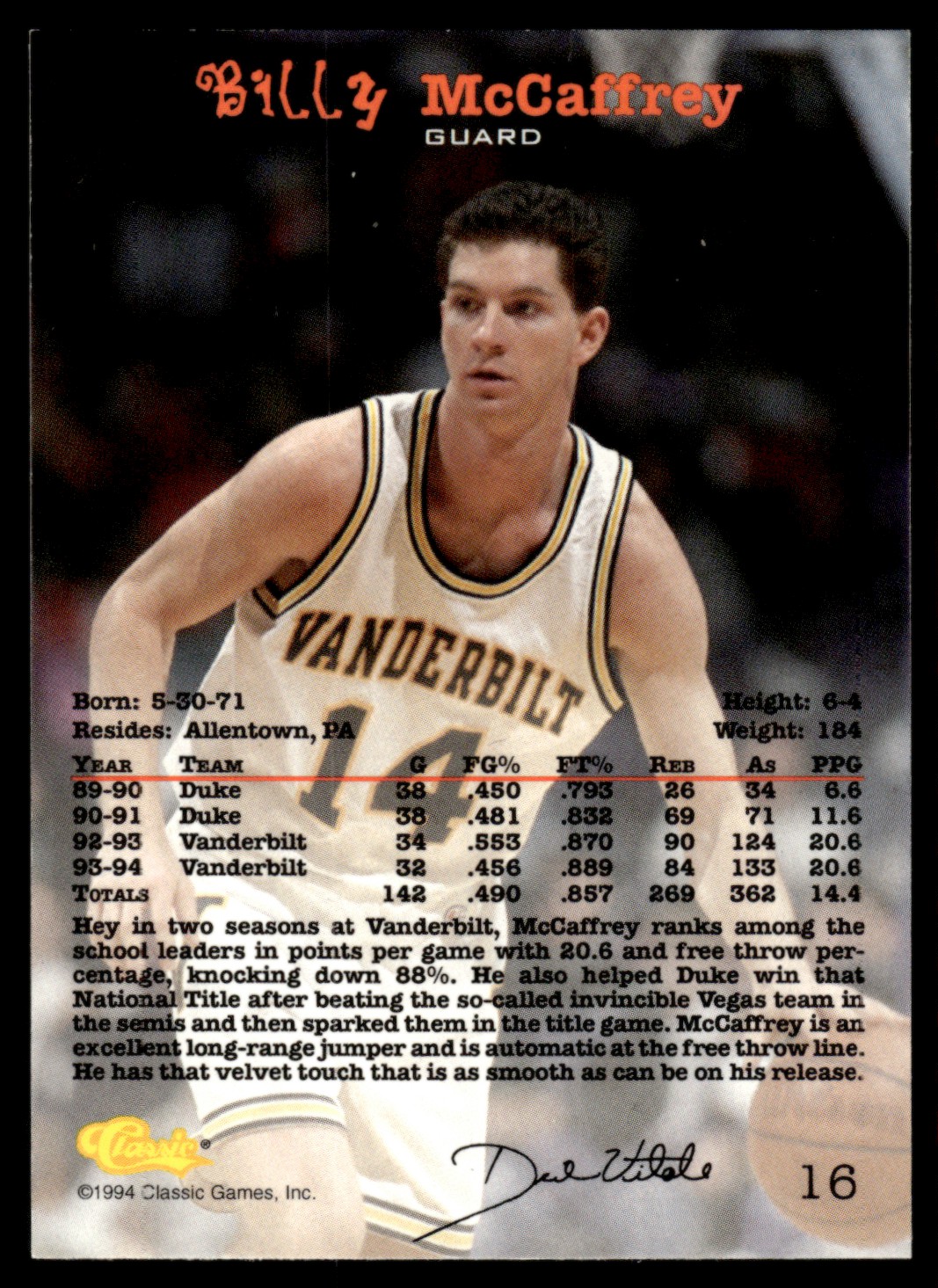 1994-95 Classic Draft Billy McCaffrey #16 on Kronozio