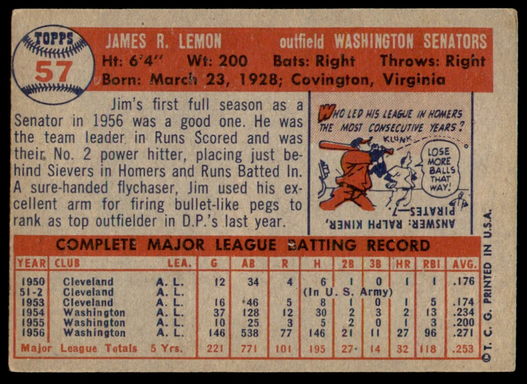 1957 Topps Jim Lemon #57 on Kronozio