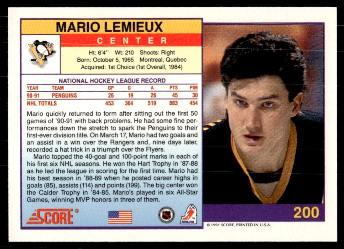 1991-92 Score Hockey Card Mario Lemieux #200 on Kronozio