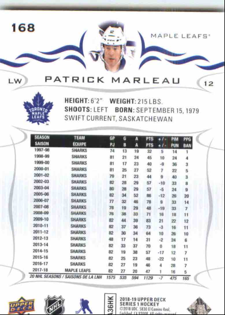 2018-19 Upper Deck Series 1 Patrick Marleau #168 on Kronozio