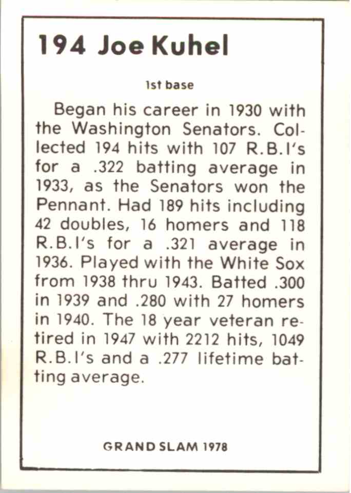 1978 Grand Slam - Joe Kuhel - #194 on Kronozio
