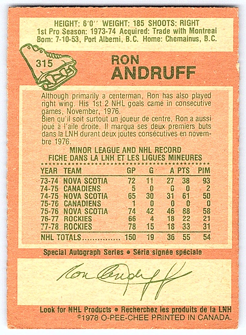1978-79 O-Pee-Chee **C** Ron Andruff #315 on Kronozio