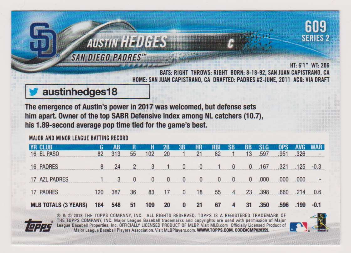 2018 Topps Austin Hedges #609 on Kronozio