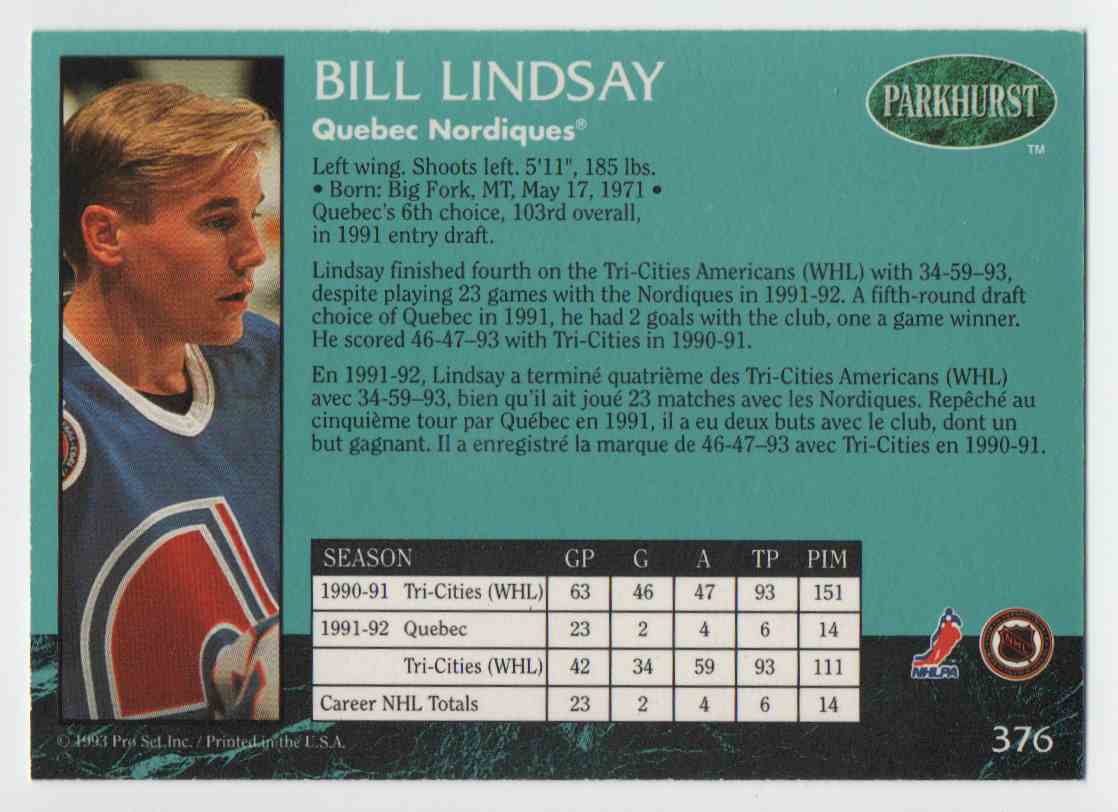 1992-93 Parkhurst Bill Lindsay #376 on Kronozio