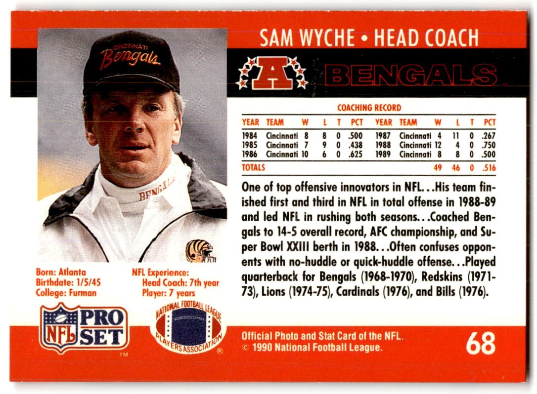 1990 Pro Set Sam Wyche #68 on Kronozio