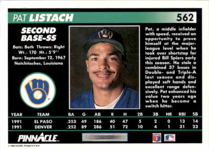 1992 Pinnacle Baseball Card Pat Listach RC #562 on Kronozio