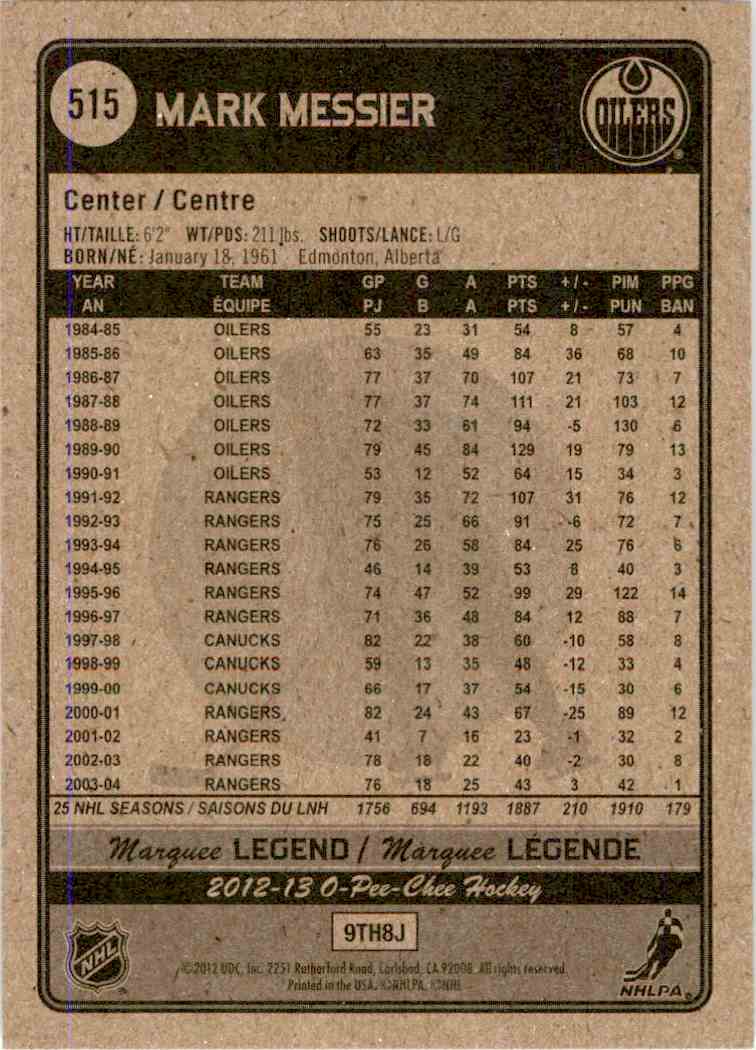 2012-13 O-Pee-Chee Marquee Legend Mark Messier #515 on Kronozio