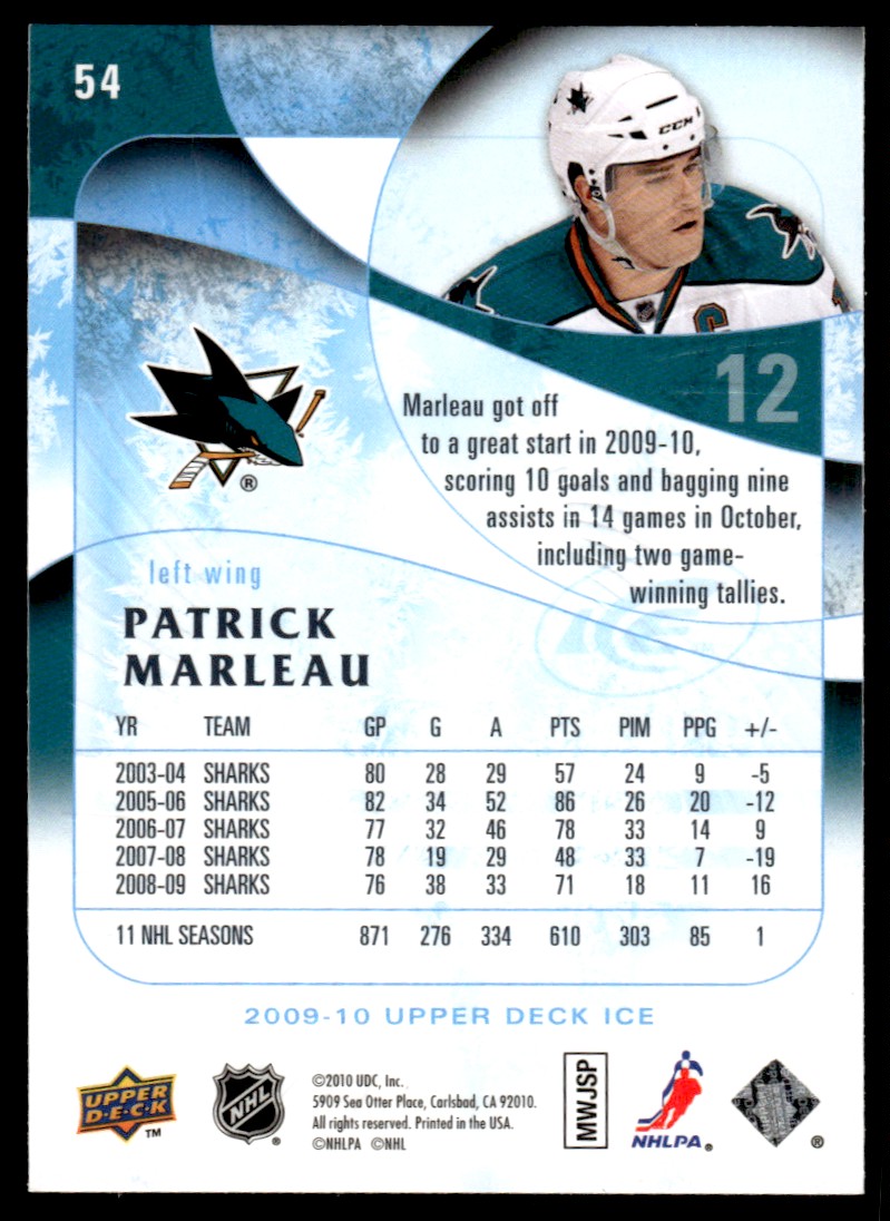2009-10 Upper Deck Ice Patrick Marleau #54 on Kronozio