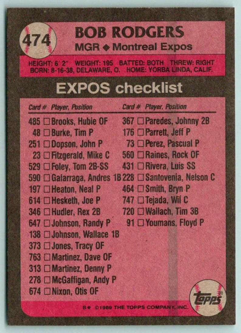 1989 Topps Bob Rodgers #474 on Kronozio
