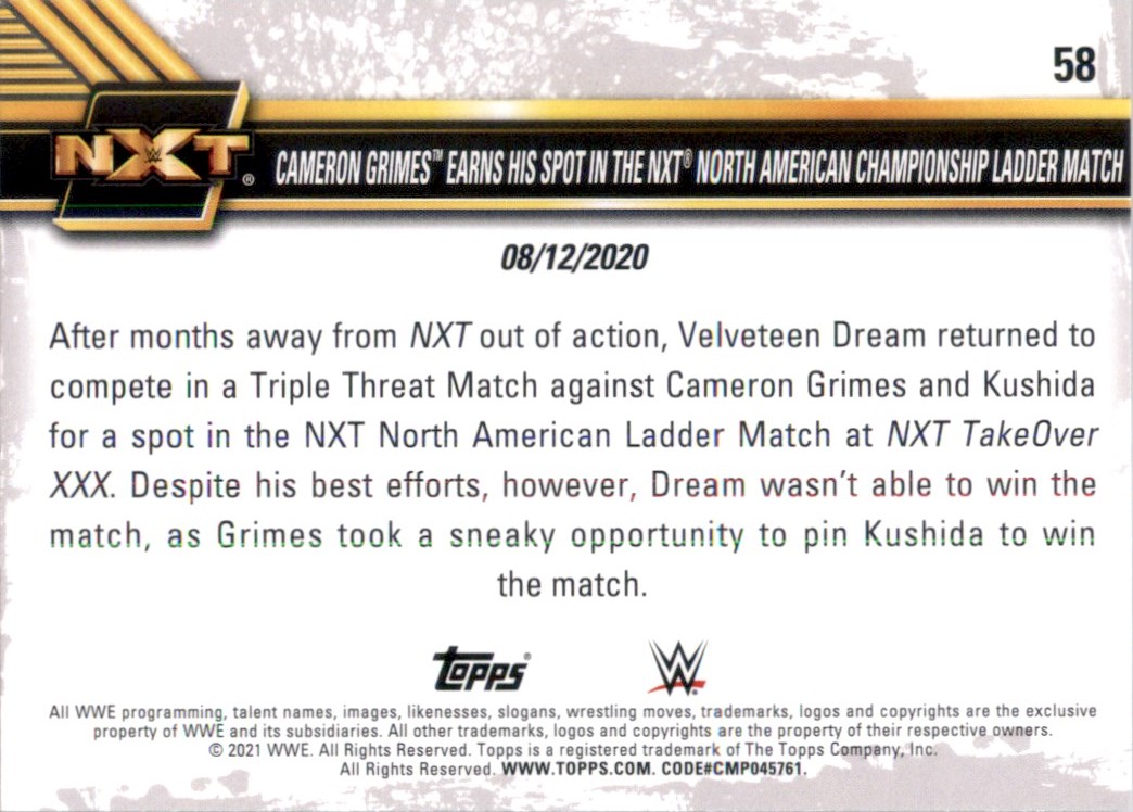 2021 Topps WWE NXT Cameron Grimes Earns His Spot in the NXT North ...