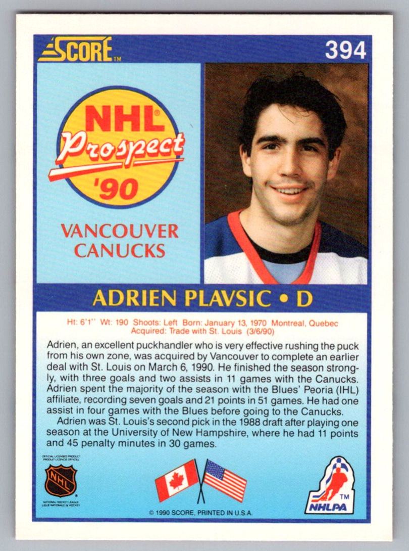1990-91 Score Canadian Adrien Plavsic #394 on Kronozio