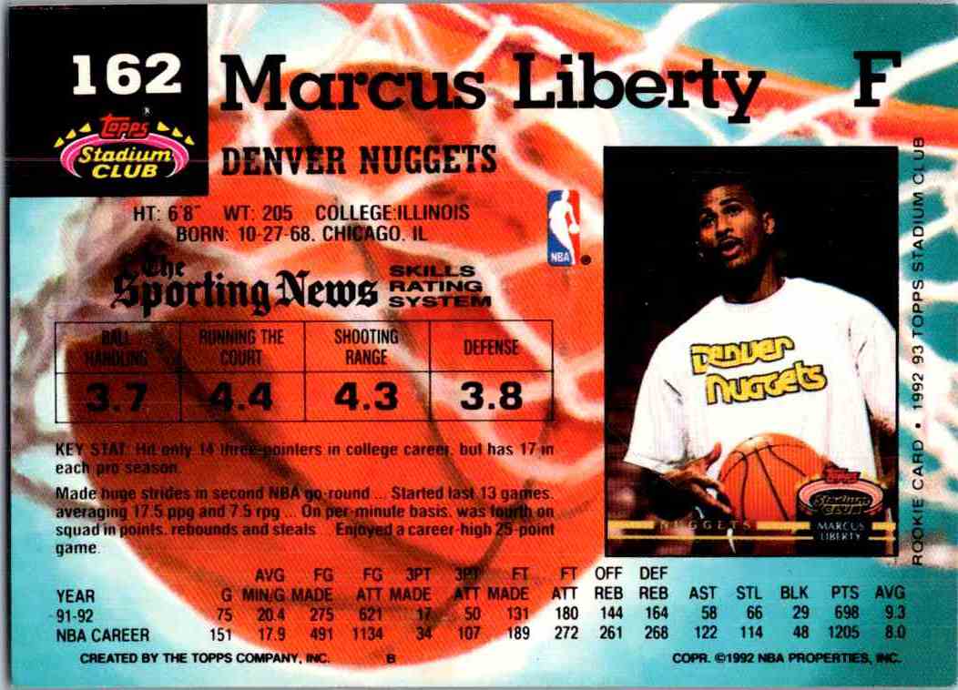1992-93 Topps Stadium Club Marcus Liberty #162 on Kronozio