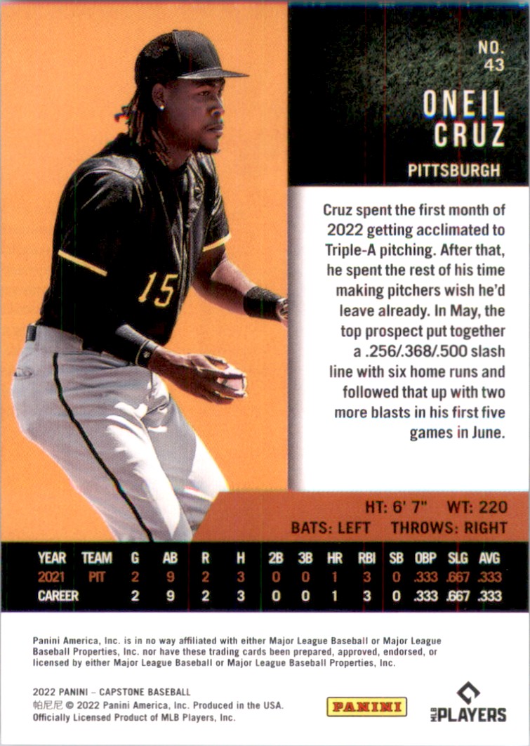2022 Panini Capstone Blue Baseball Card Oneil Cruz #43 on Kronozio