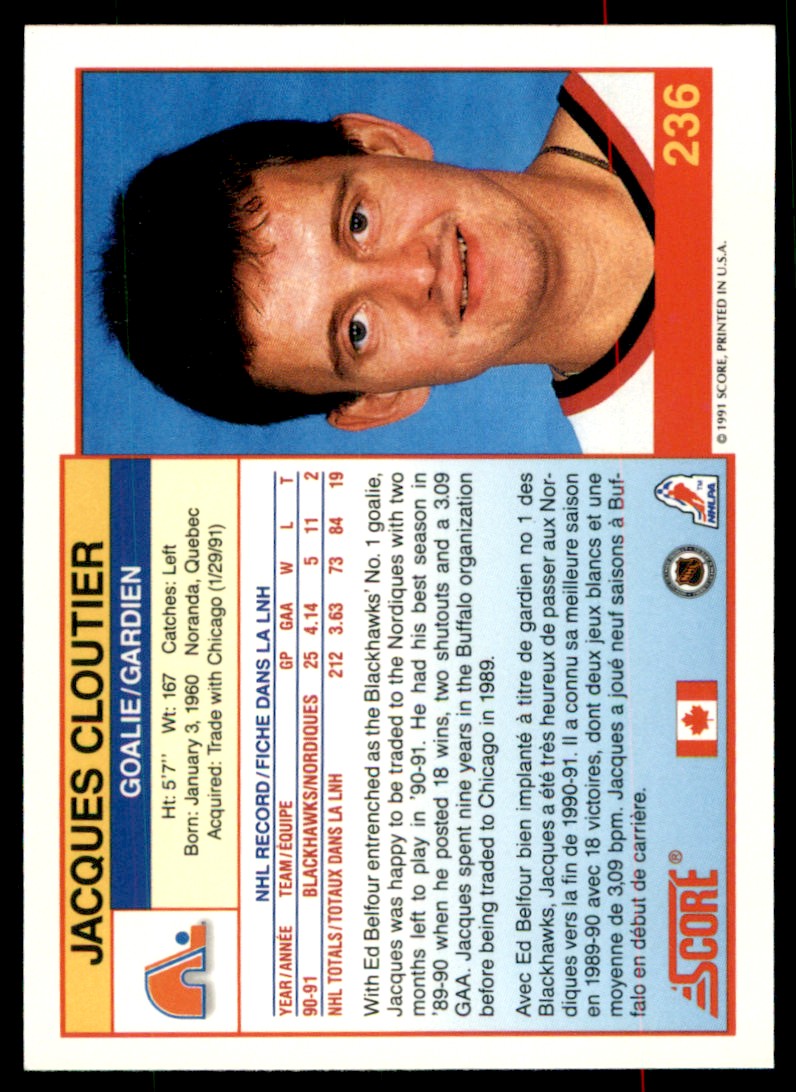 1991-92 Score Canadian Bilingual Jacques Cloutier #236 on Kronozio
