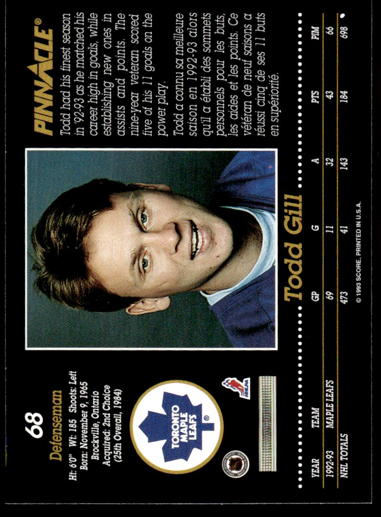 1993-94 Pinnacle !!!!! Todd Gill #68 on Kronozio