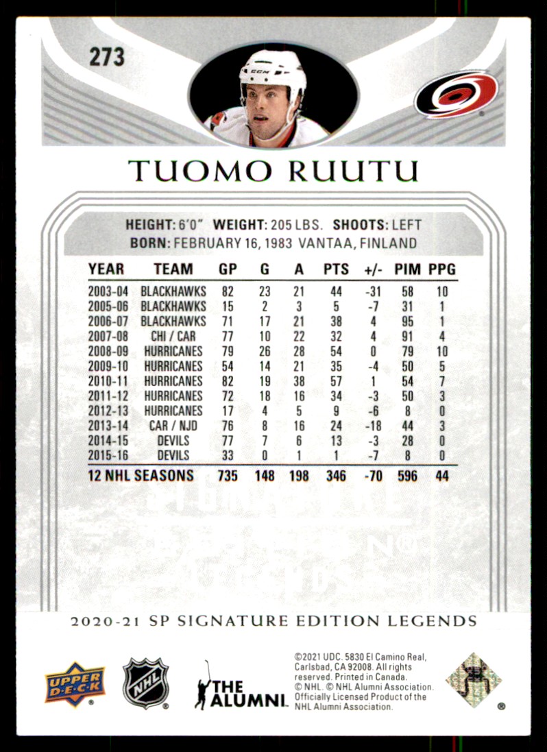 2020-21 SP Signature Edition Legends Tuomo Ruutu #273 on Kronozio