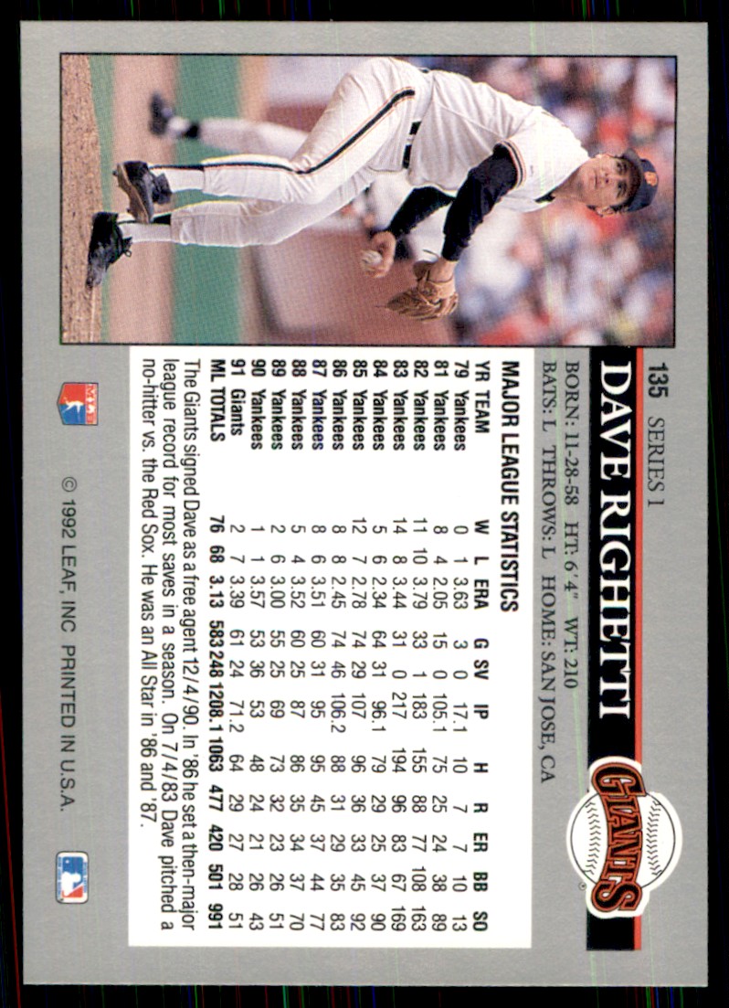 1992 Leaf Dave Righetti #135 on Kronozio