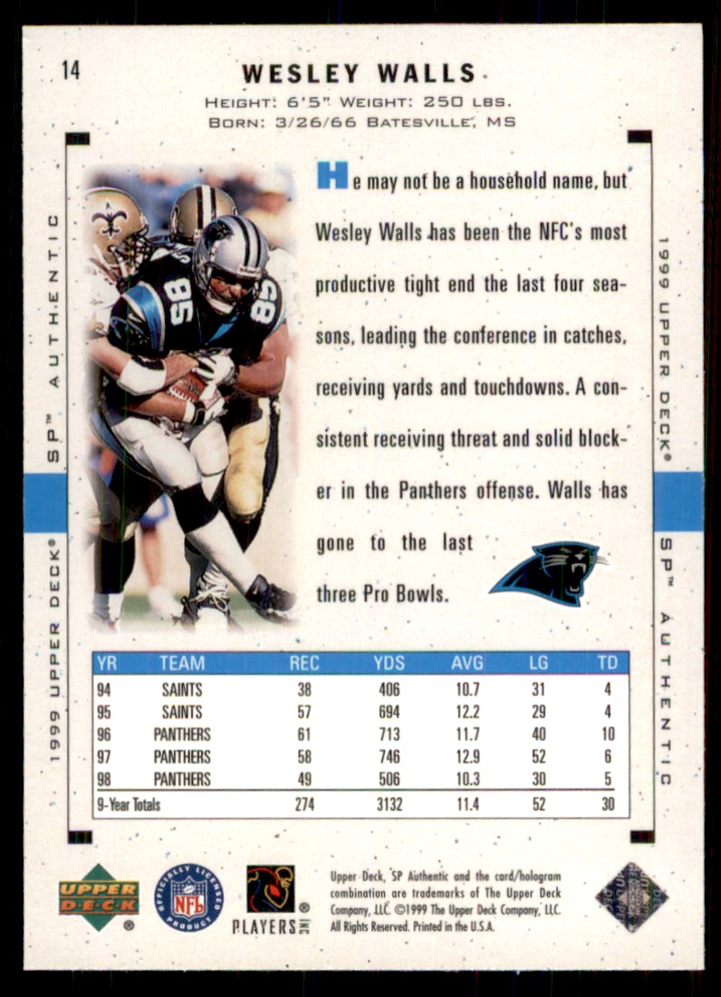 1999 SP Authentic Wesley Walls #14 on Kronozio