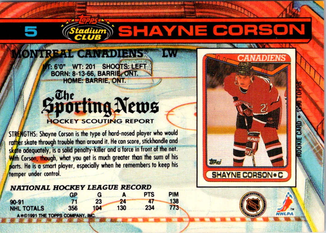 1991-92 Stadium Club Shayne Corson #5 on Kronozio